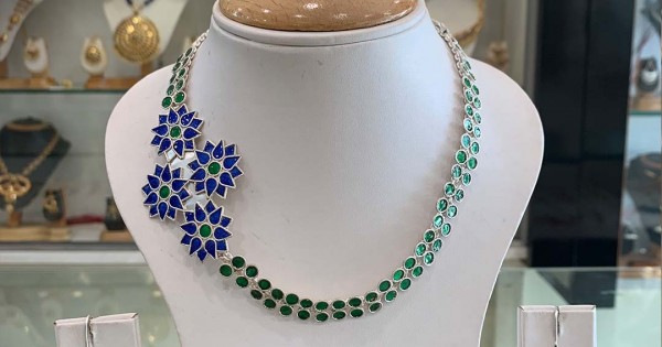 Thuriya Phul Set | Pure Silver | Green Blue Meenakari